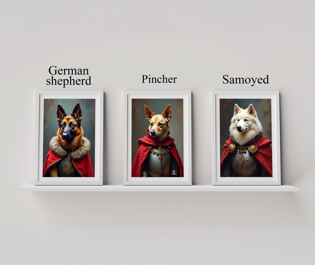 Set of 3 Dog Knight Art Prints - German Shepherd, Pincher, and Samoyed ...