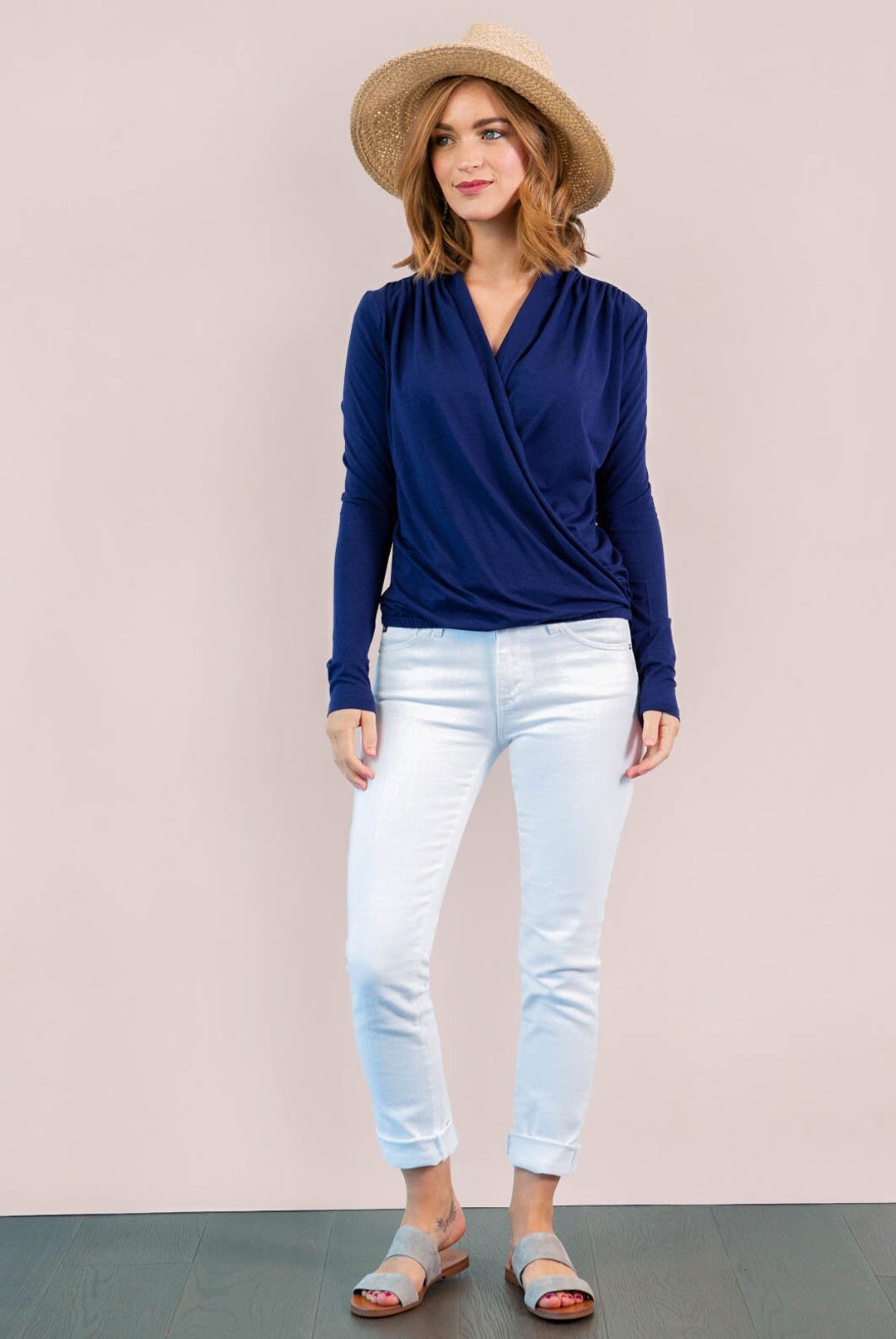 Navy Wrap Top, Navy Cowl Neck, Dark Blue Tshirt, Womens Organic Blouse ...