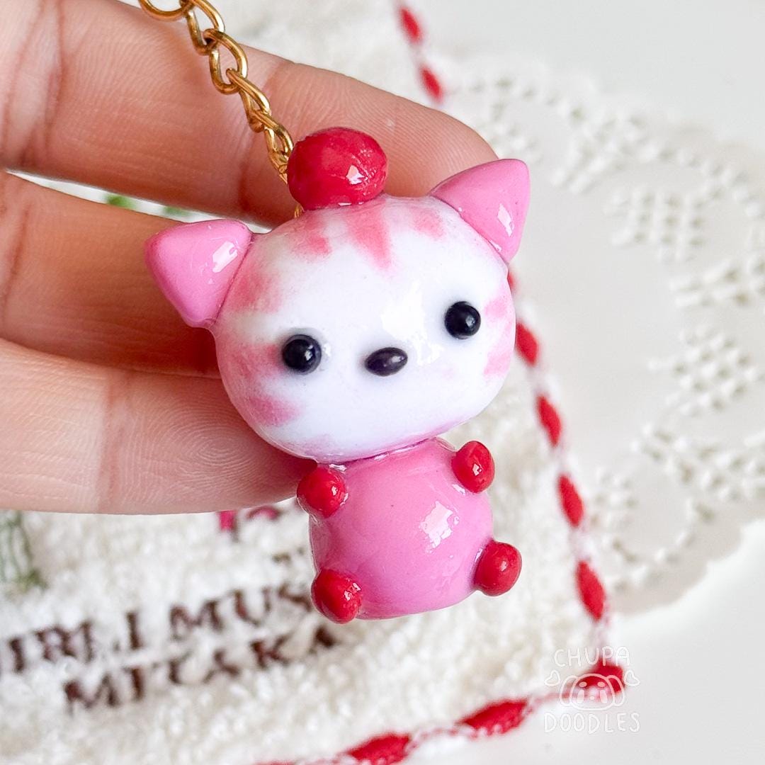 Cherry Cat Keychain , Cute Clay Keychain , Polymer Clay Cat Keyring ...