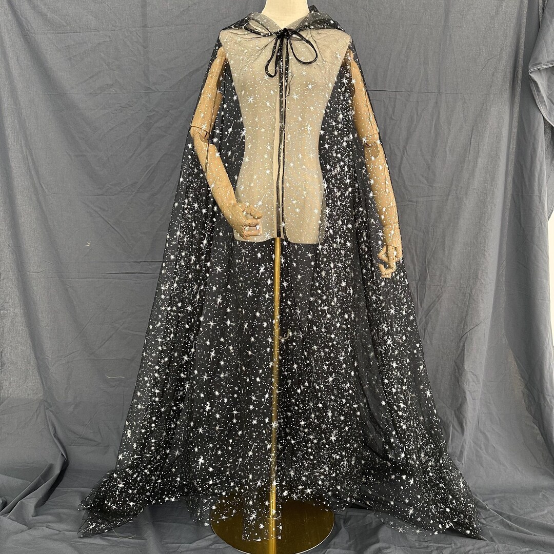 Black Silver Starry Long Cape With Hood Stars Bridal Wedding Cloak ...