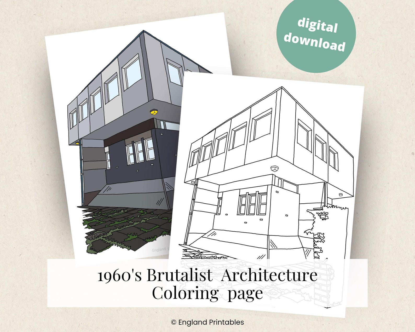 1960's Brutalist Architecture Concrete Printable Coloring Sheet. Hand ...