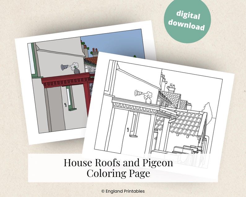 Hoja para colorear imprimible de techos de casas y palomas. Dibujos a ...