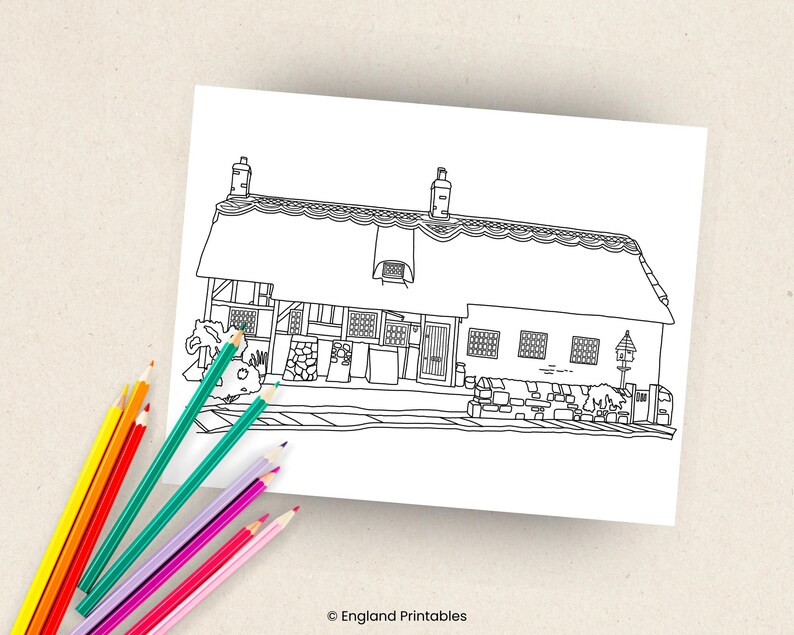 Thatched Cottage Printable, Coloring Sheet, English Countryside, Hand ...