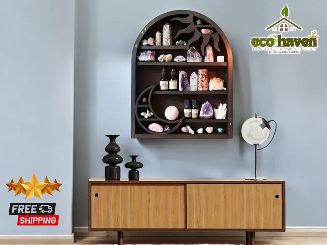 Sun & Moon Arch Shelf | Crescent Crystal Storage | Wooden Wall ...