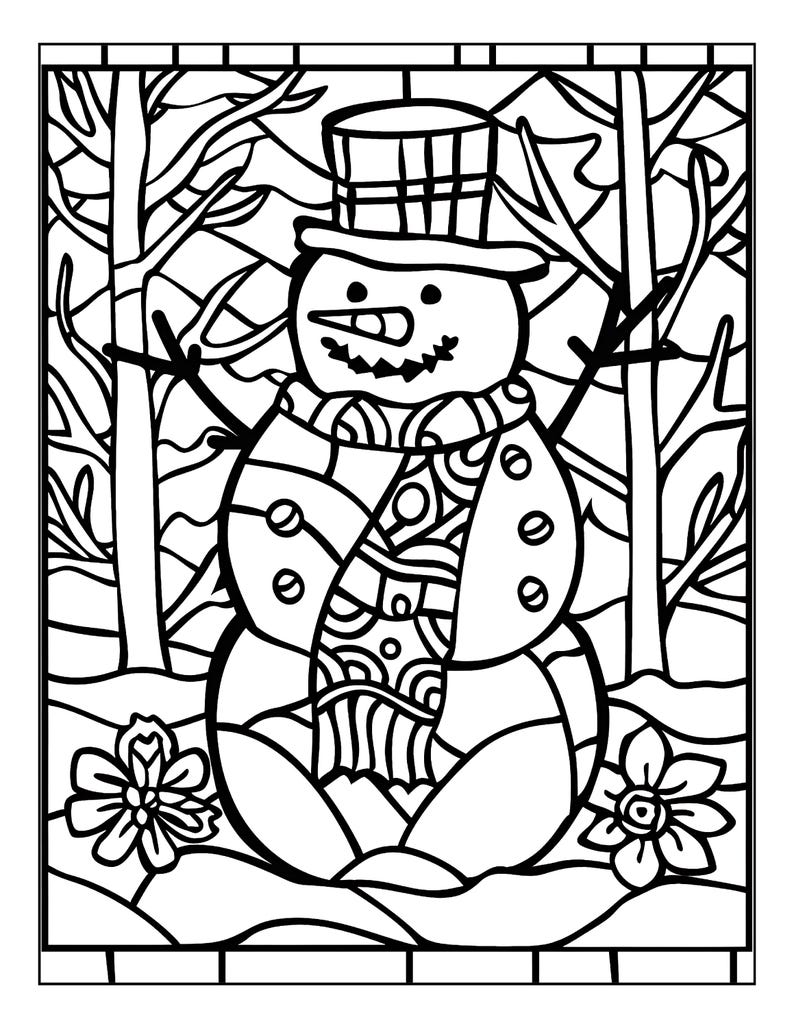 Stained Glass - Snowman - #1-5 - Coloring Pages (5 Pages) - Etsy