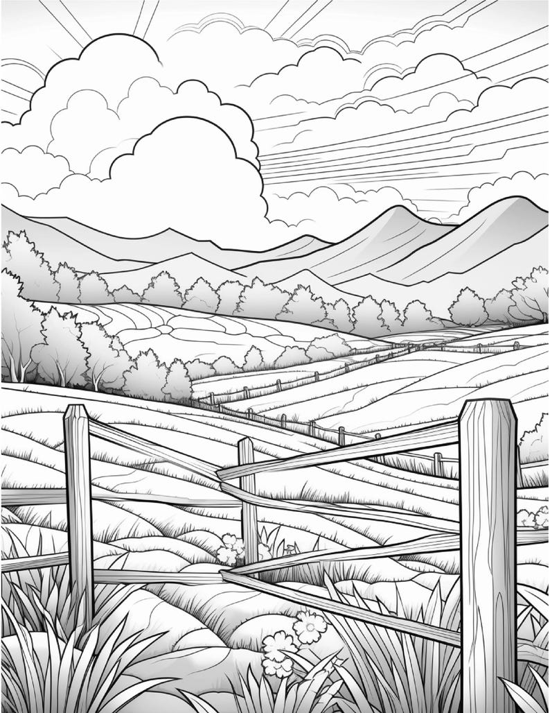 Countryside Sunrise - #21-25 - Coloring Pages (5 Pages) - Etsy