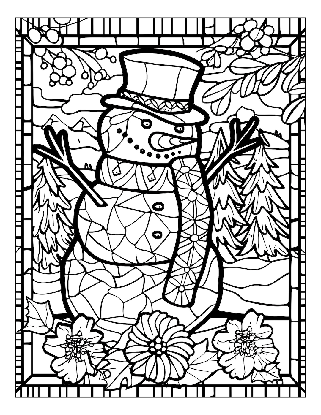 Stained Glass - Snowman - #21-25 - Coloring Pages (5 Pages) - Etsy