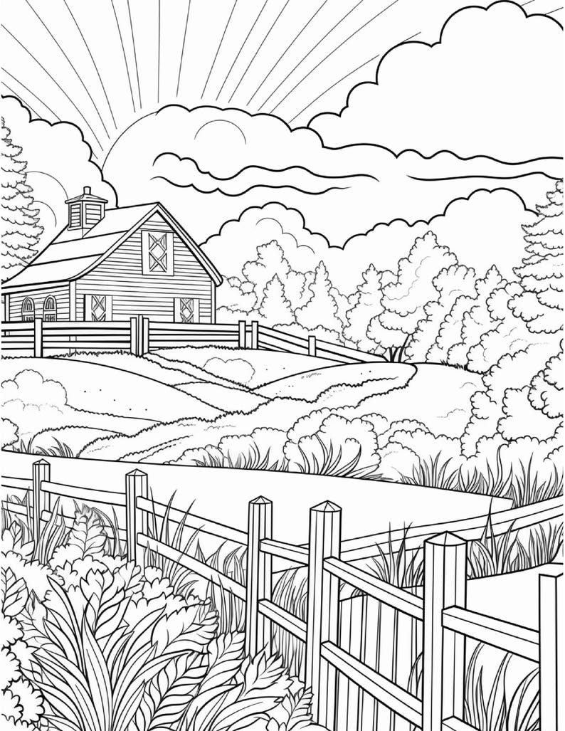 Countryside Sunrise - #1-5 - Coloring Pages (5 Pages) - Etsy