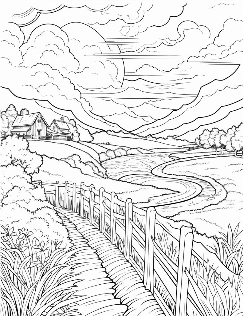 Countryside Sunrise - #16-20 - Coloring Pages (5 Pages) - Etsy