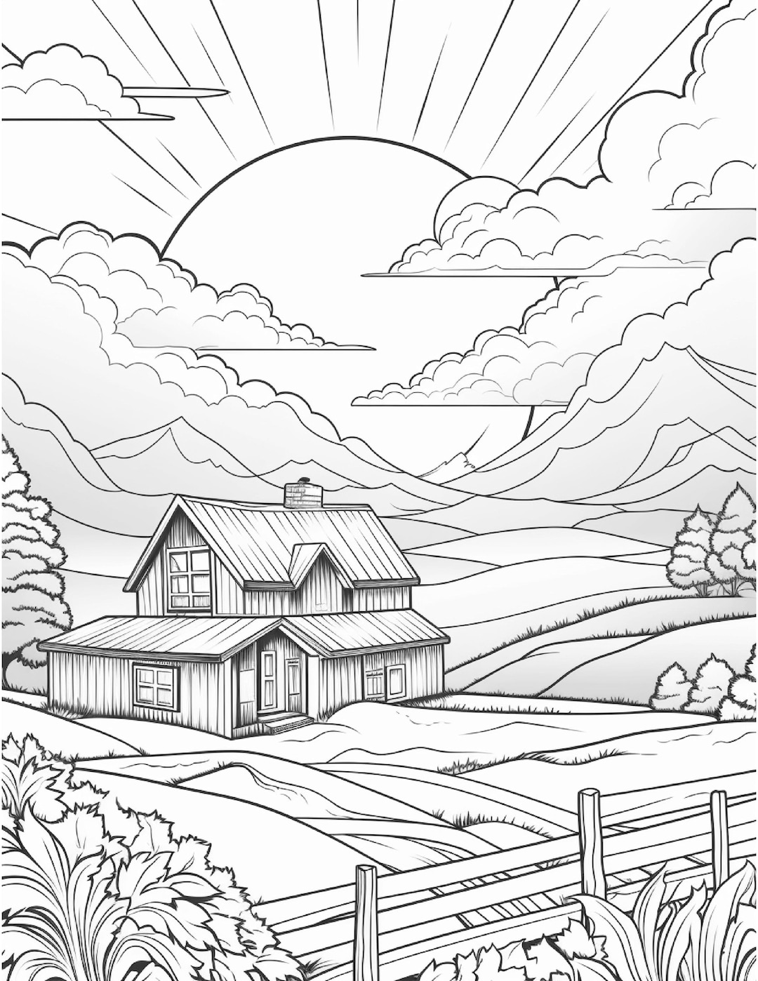 Countryside Sunrise - #1-5 - Coloring Pages (5 Pages) - Etsy
