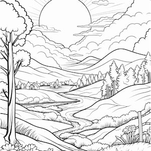 Countryside Sunrise - #21-25 - Coloring Pages (5 Pages) - Etsy