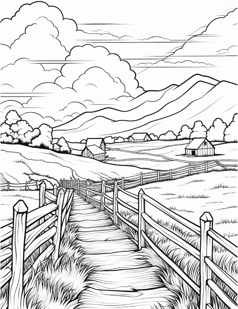 Countryside Sunrise - #21-25 - Coloring Pages (5 Pages) - Etsy
