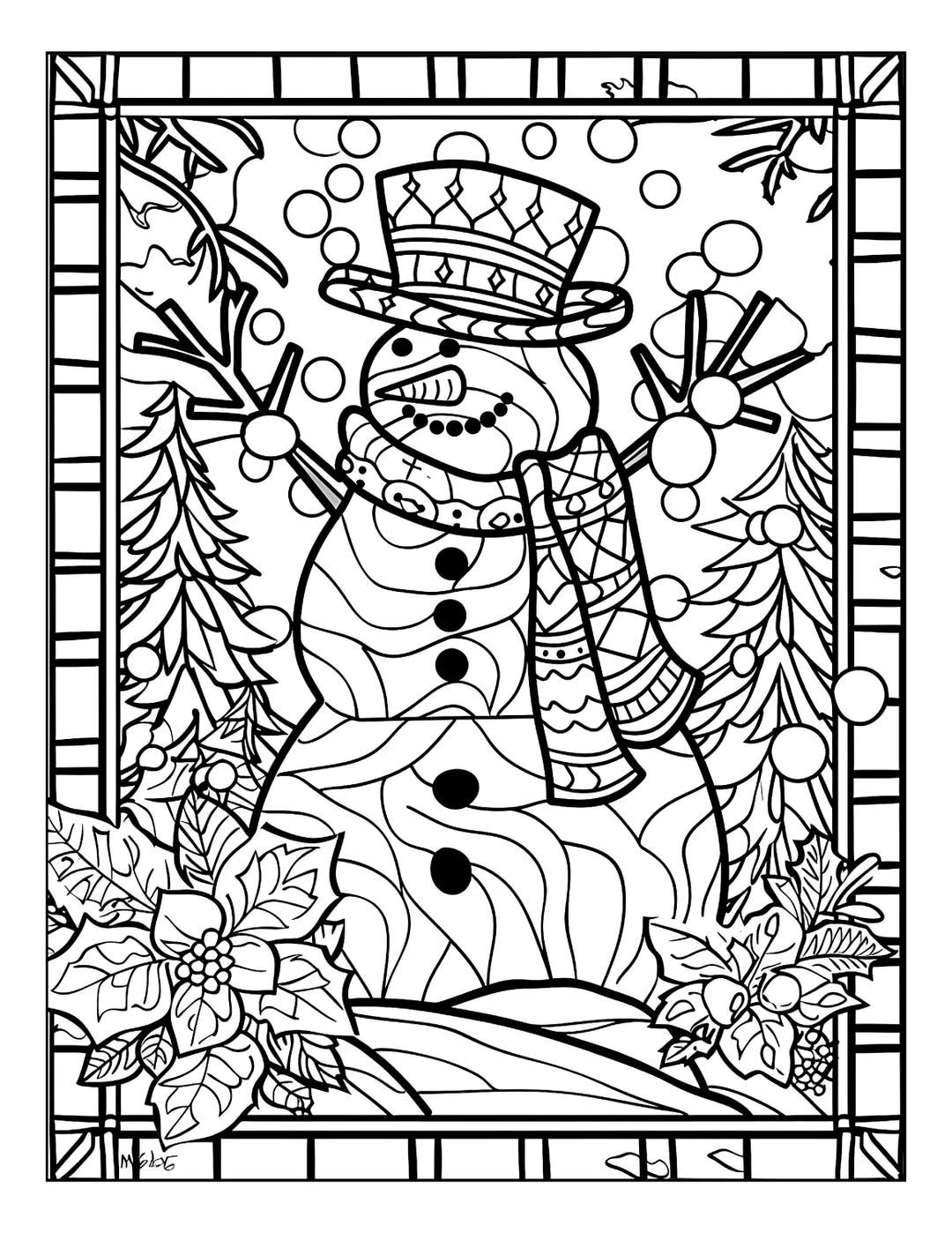 Stained Glass - Snowman - #31-35 - Coloring Pages (5 Pages) - Etsy