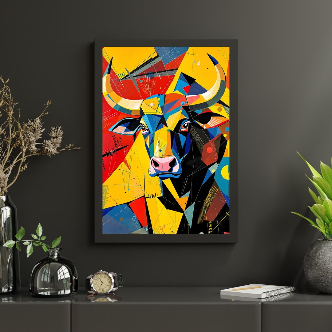 Bull Cubist Painting - Abstract Art Decor for Home, Modern Wall Art ...