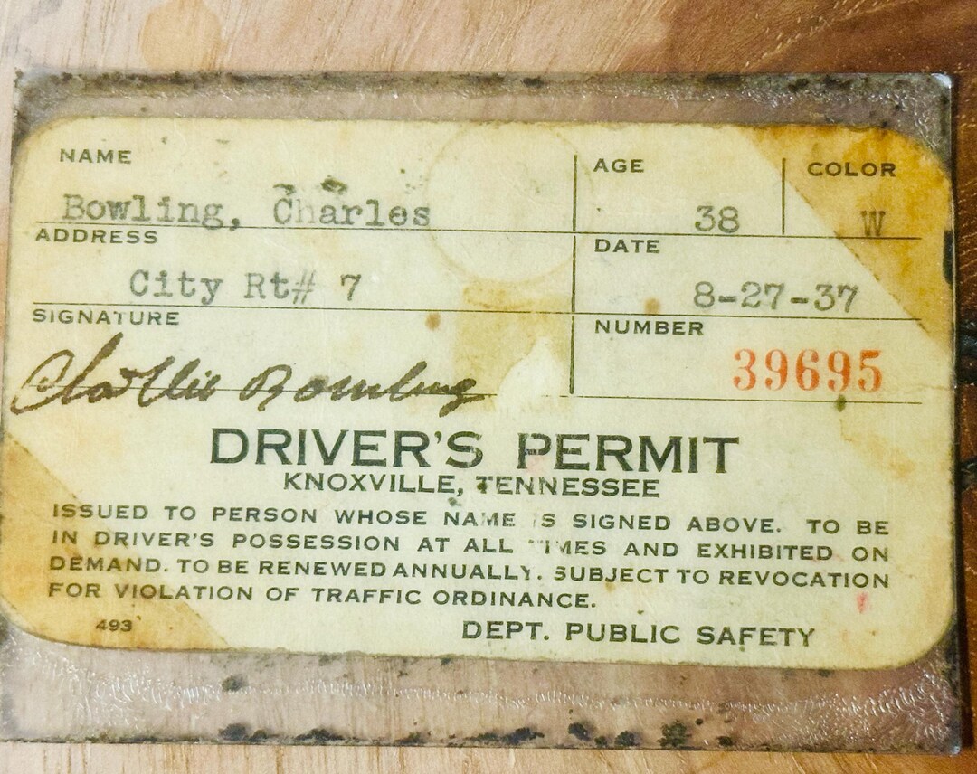 1937 Tennessee Drivers License Vintage Knoxville, TN Ephemera Paper ...