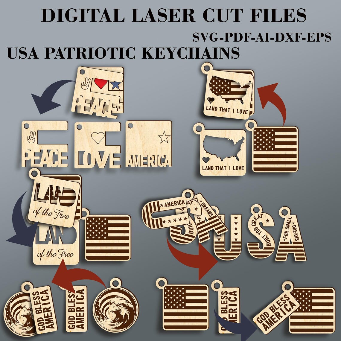 USA Flag Keychain SVG - Set of 10 Patriotic Designs - Laser Cut Files ...