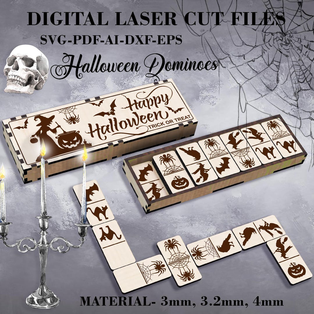 Halloween Dominoes SVG - Spooky Wooden Game Set - Witch Cat Pumpkin Bat ...
