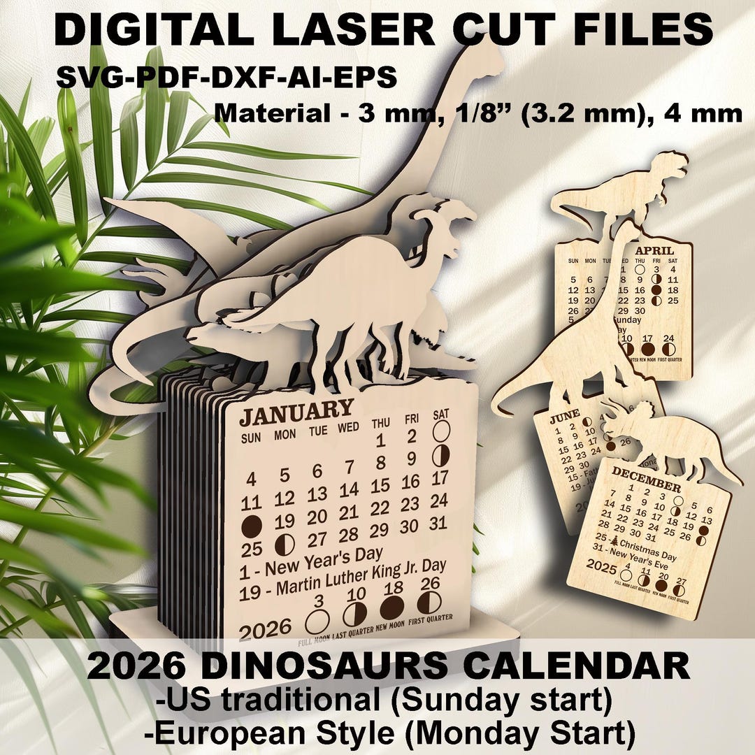2026 Dinosaur Calendar Laser Cut Files Layered Wooden Desk Calendar SVG ...