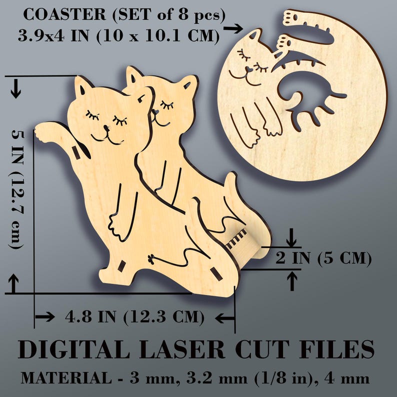 Cat Coasters Laser Cut File | Set of 8 Coasters With Holder | Cat Lover ...