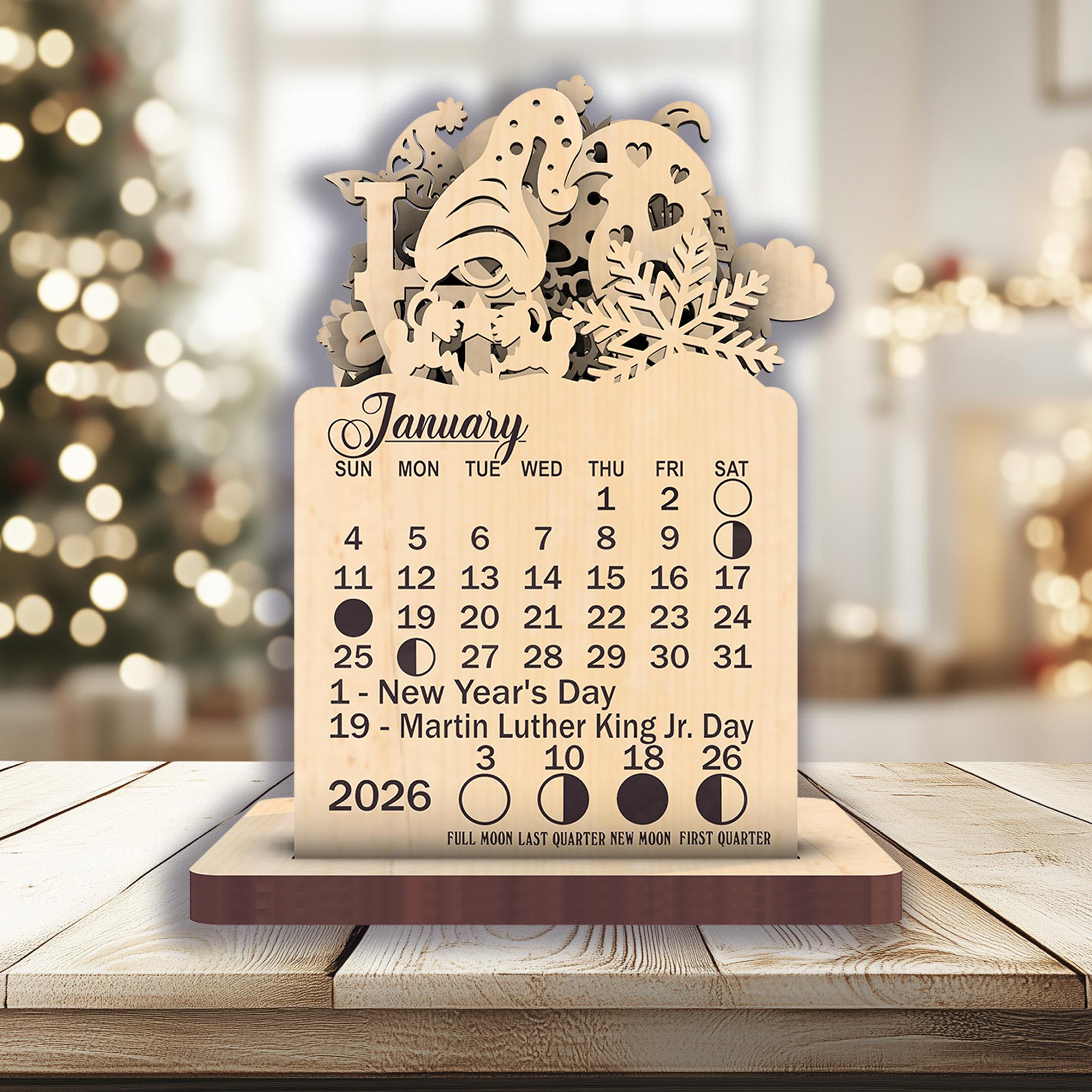 2026 Gnome Tabletop Calendar SVG · Standing Desk Calendar · Laser Cut ...