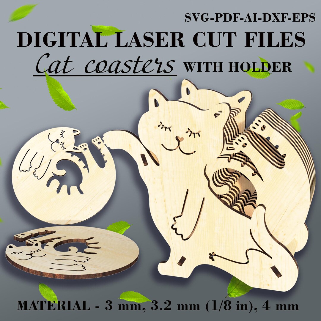 Cat Coasters Laser Cut File | Set of 8 Coasters With Holder | Cat Lover ...