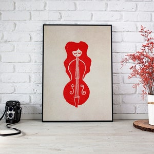Linocut Print {cello Vibrations}, Wall Art, Naive Art, Hand Printed on ...