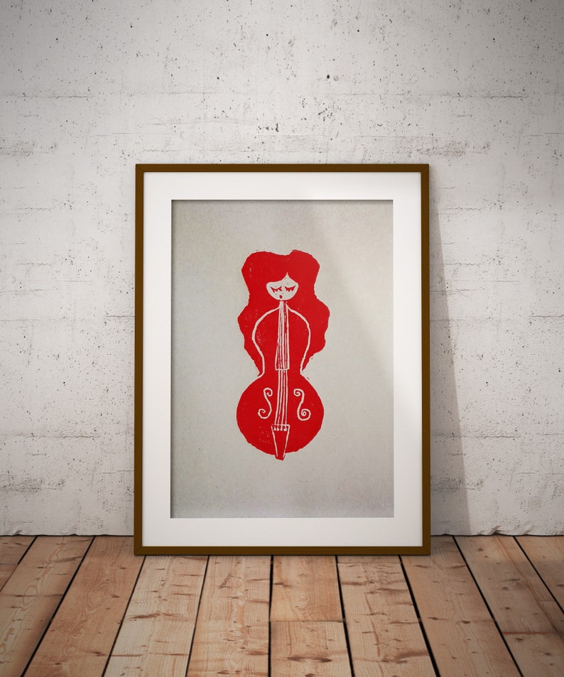 Linocut Print cello Vibrations Wall Art Naive Art Hand - Etsy