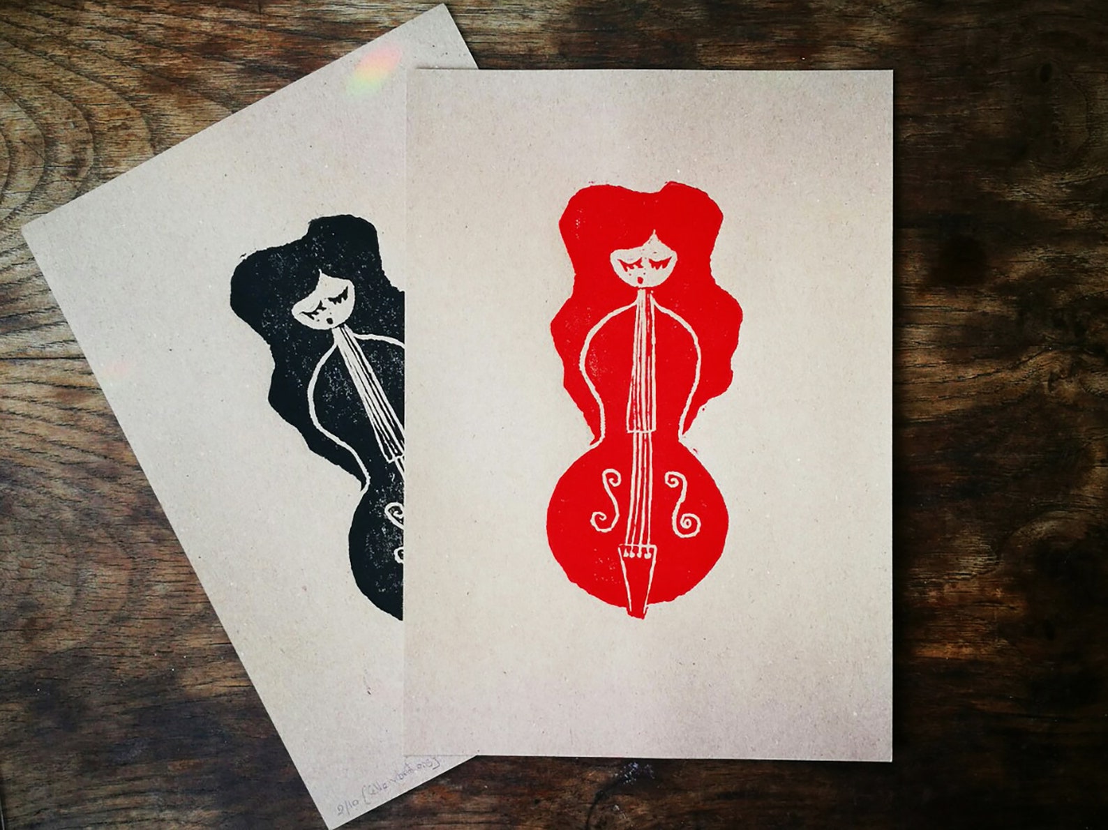 Linocut Print cello Vibrations Wall Art Naive Art Hand | Etsy