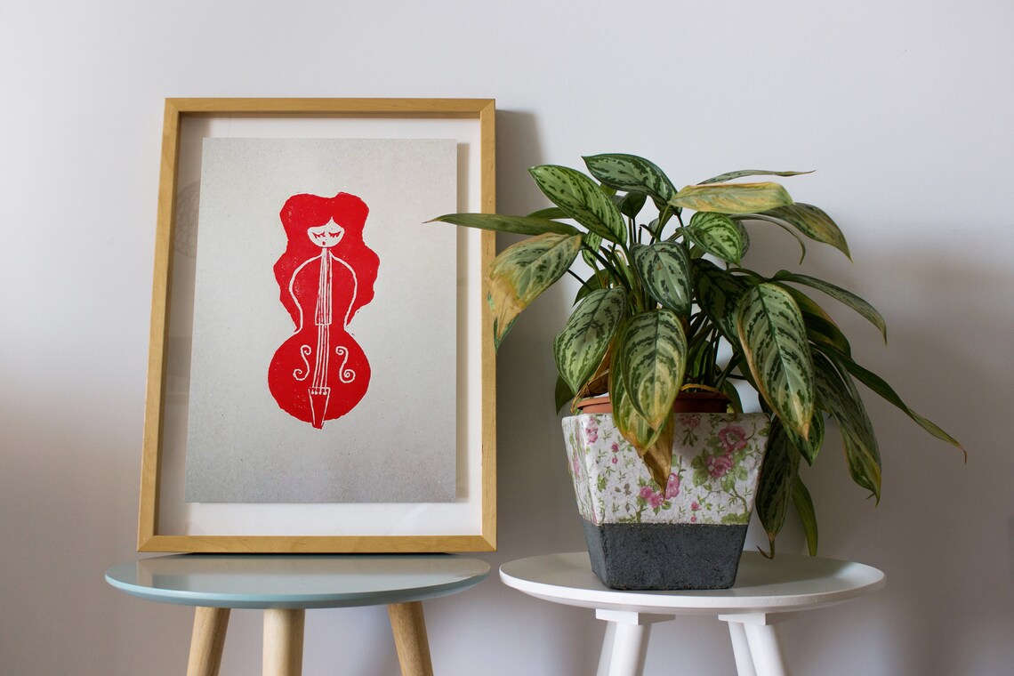 Linocut Print cello Vibrations Wall Art Naive Art Hand | Etsy