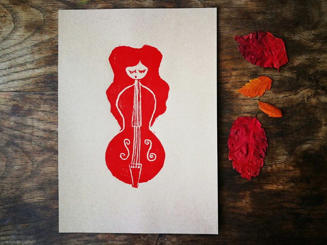 Linocut Print {cello Vibrations}, Wall Art, Naive Art, Hand Printed on ...