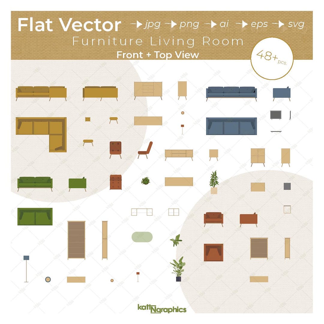 2D Furniture Living Room - 48+ Top, Side, Front View Flat Vector ...