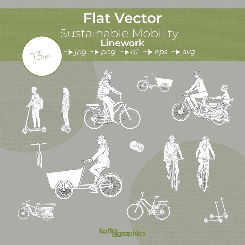 Sustainable Mobility Vector Clipart: E-bike, Scooter, Hoverboard (ai ...