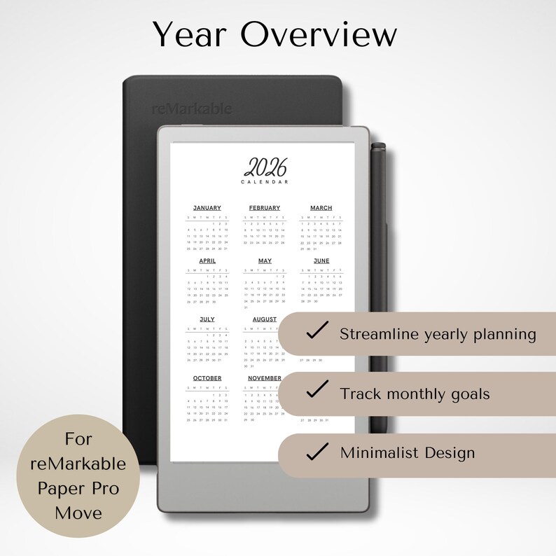 Remarkable Paper Pro Move 2026 Calendar | Hyperlinked Digital Planner ...