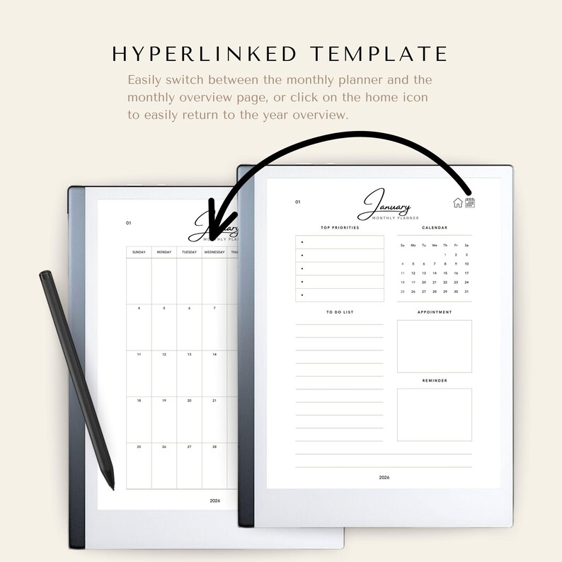 Monthly Calendar 2026 for Remarkable Paper Pro | Hyperlinked PDF ...