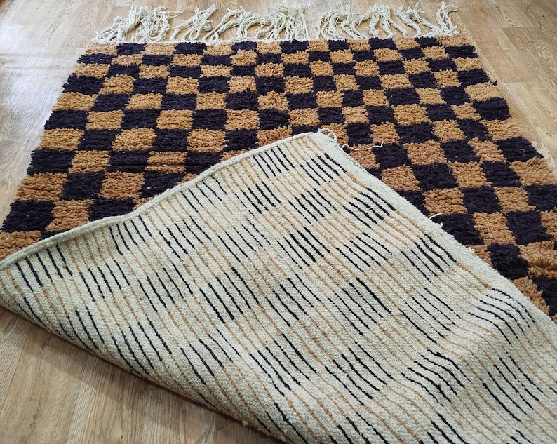 Custom Moroccan Checkerboard Rug Handmade Wool Beni Ourain Brown Camel ...