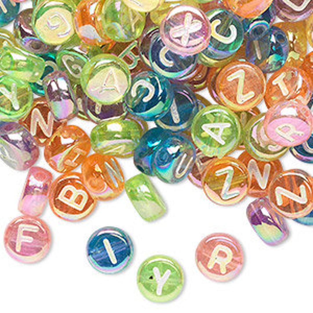 200 Alphabet Letters 7mm Acrylic Mixed Beads Translucent Mixed Rainbow ...