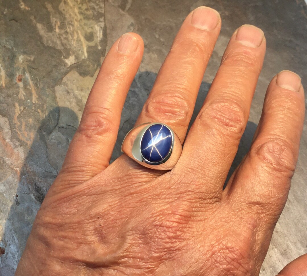 Mens Stunning Sterling Silver Oval Blue Star Sapphire Ring - Etsy