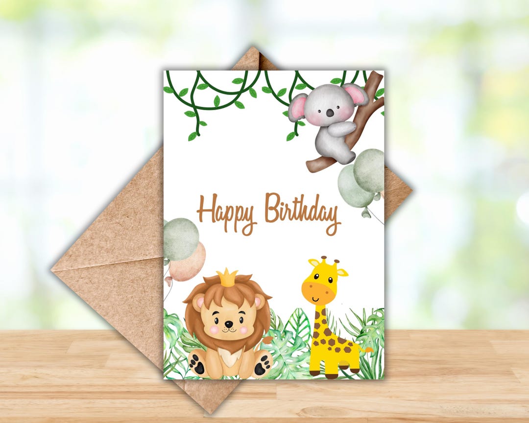 Printable Cute Kids Birthday Card | Printable Jungle Animal Card | Kids ...
