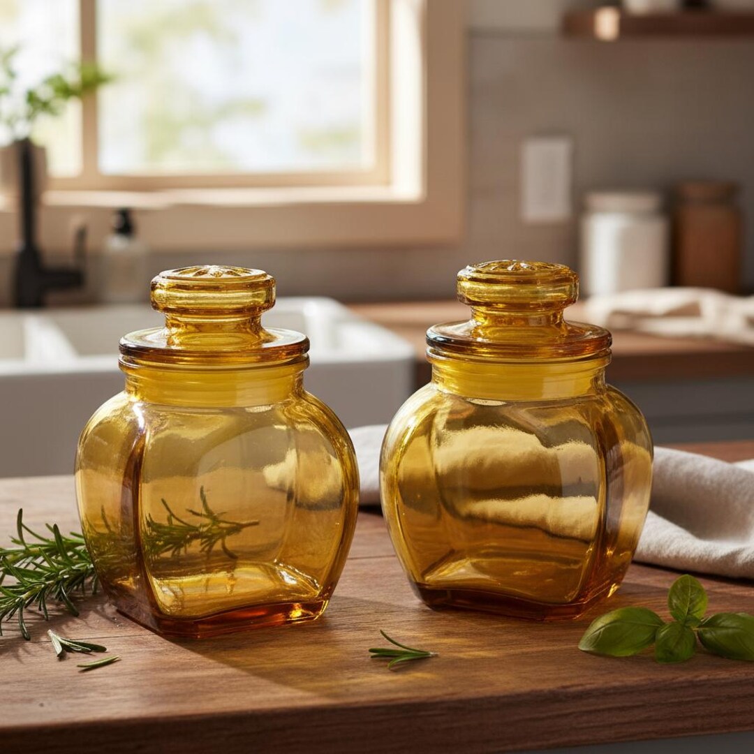 2 Vintage Wheaton Amber Glass Cannister Storage Jars - Etsy