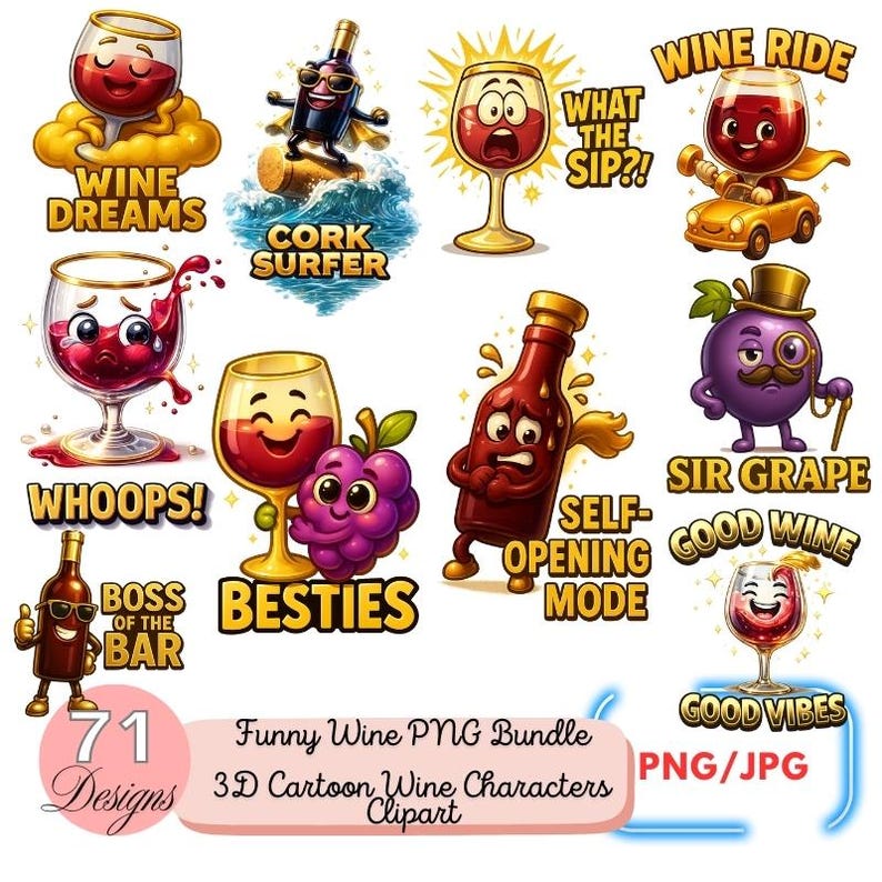 Funny Cartoon Wine Characters Clipart | 3D PNG Bundle (instant Download ...