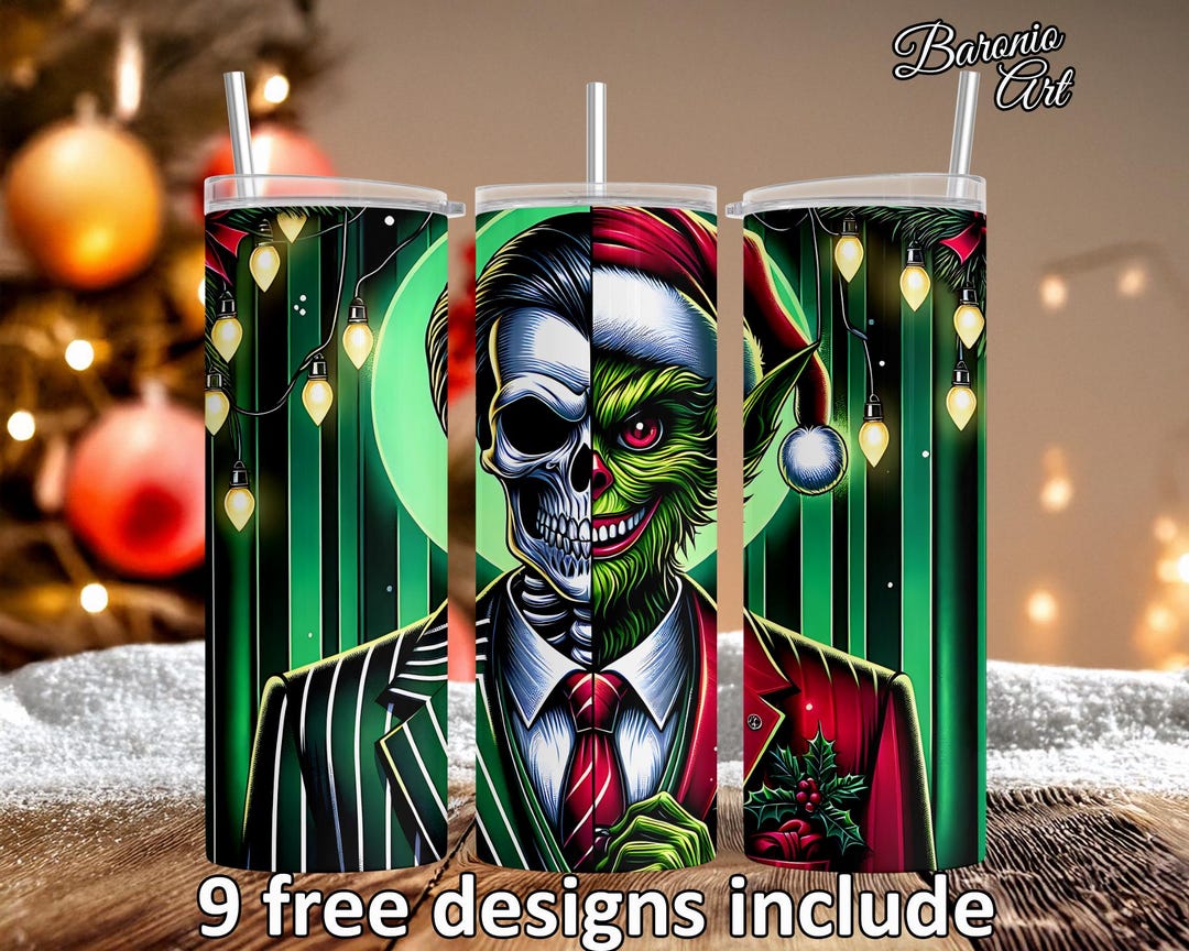 Grinch Skeleton Skinny 20oz Tumbler Wrap PNG Funny Gothic Sublimation ...