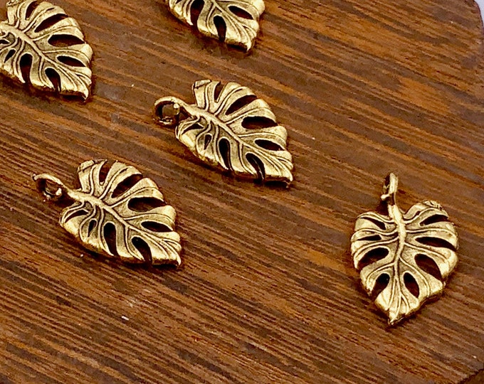 Monstera Leaf Charm, Pewter Monstera Leaf Charm, Antique Gold Plated ...