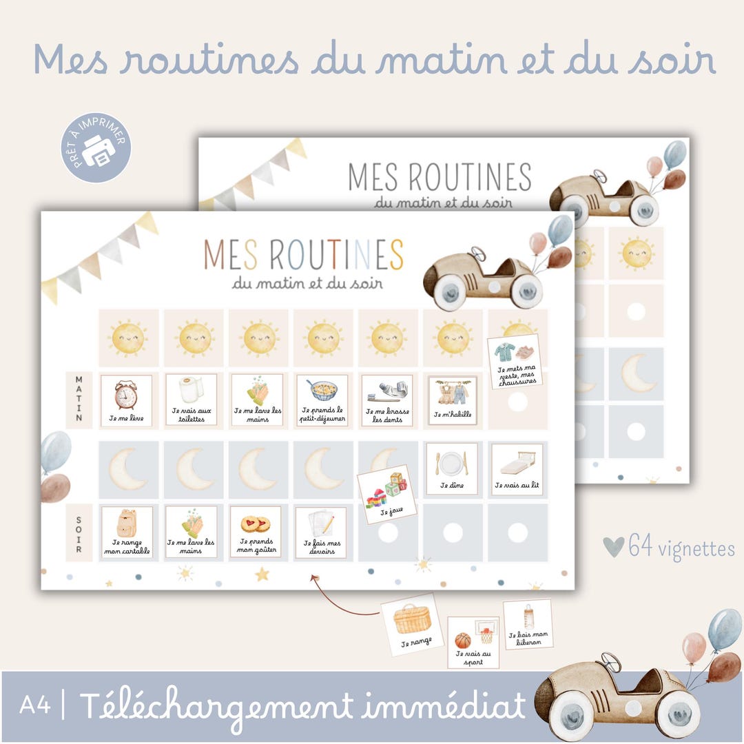Kids Morning & Evening Routine Chart Car | 64 Printable Labels | Fun ...
