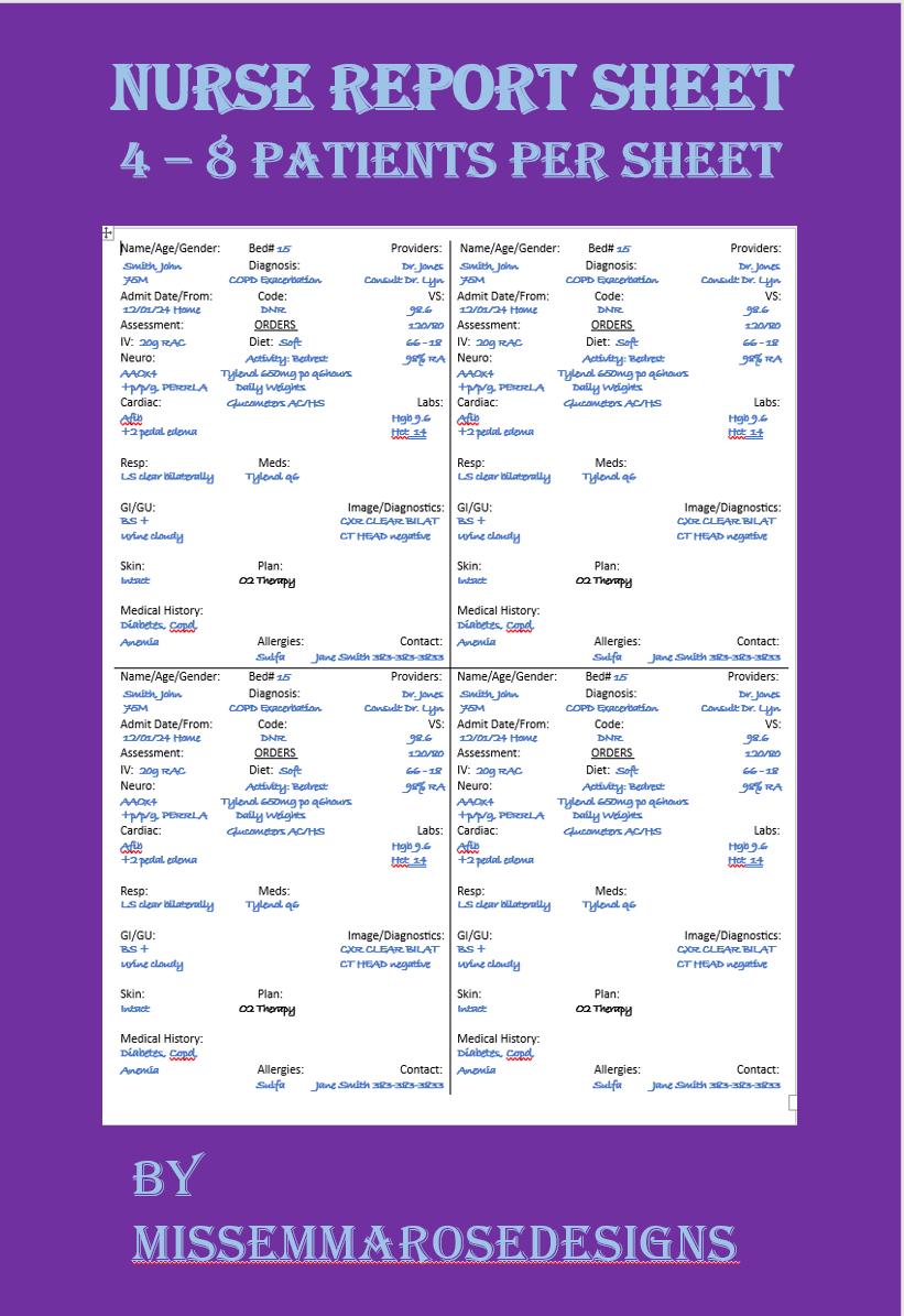 Best Nursing Report Sheet for 4 or 8 Patients - Etsy