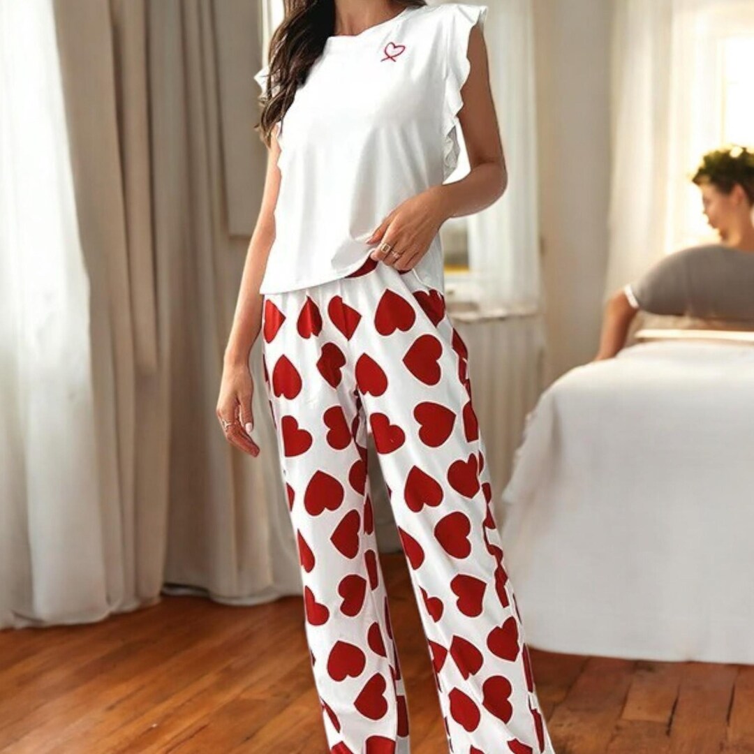 Red Heart Pajama Set T-shirt and Pants Pajama Set Warm Comfortable ...