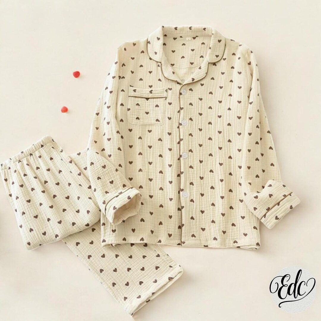 Cute Heart Print PJ Set Yellow Cotton Heart Pajamas Soft Luxury ...