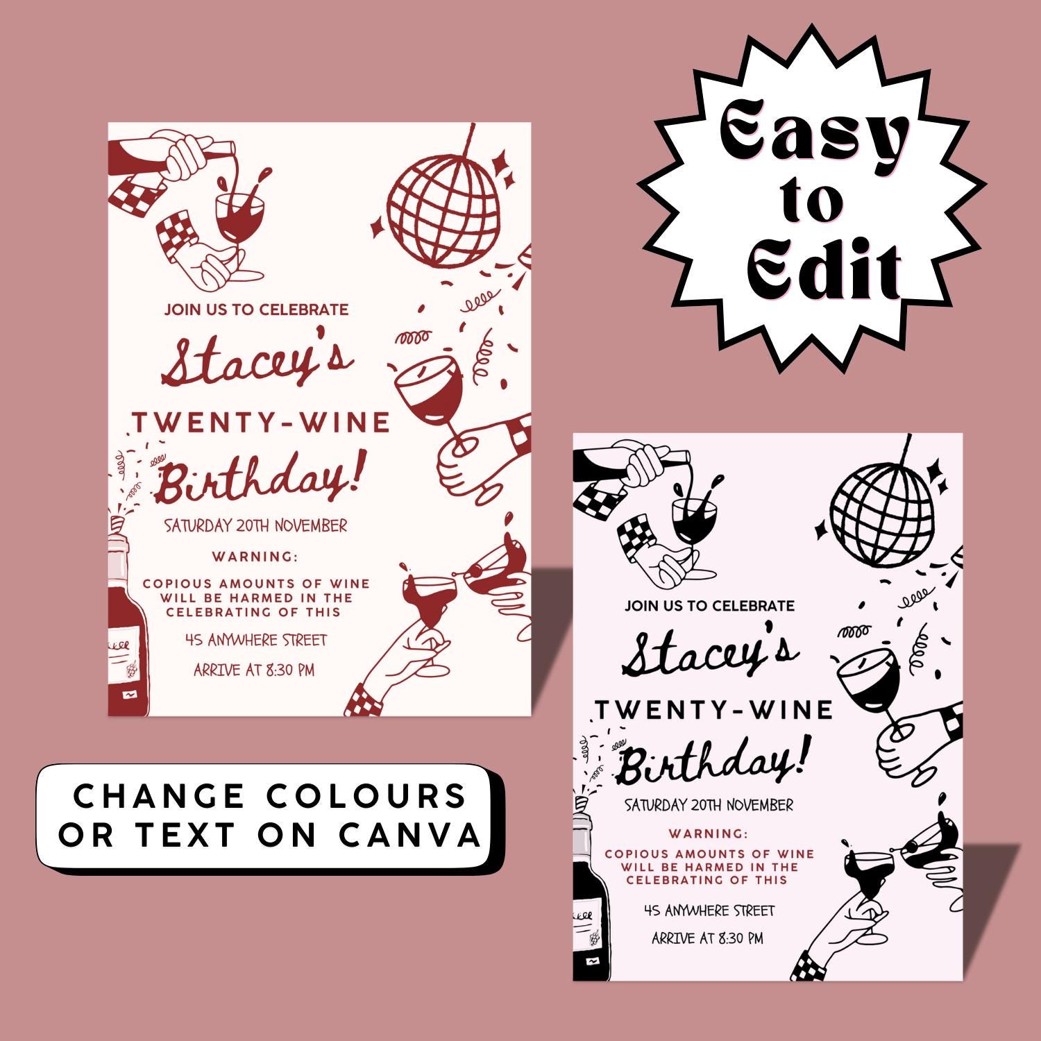 Quirky Illustrated 29 Birthday Party, Twenty Wine, Wine Party, Editable ...