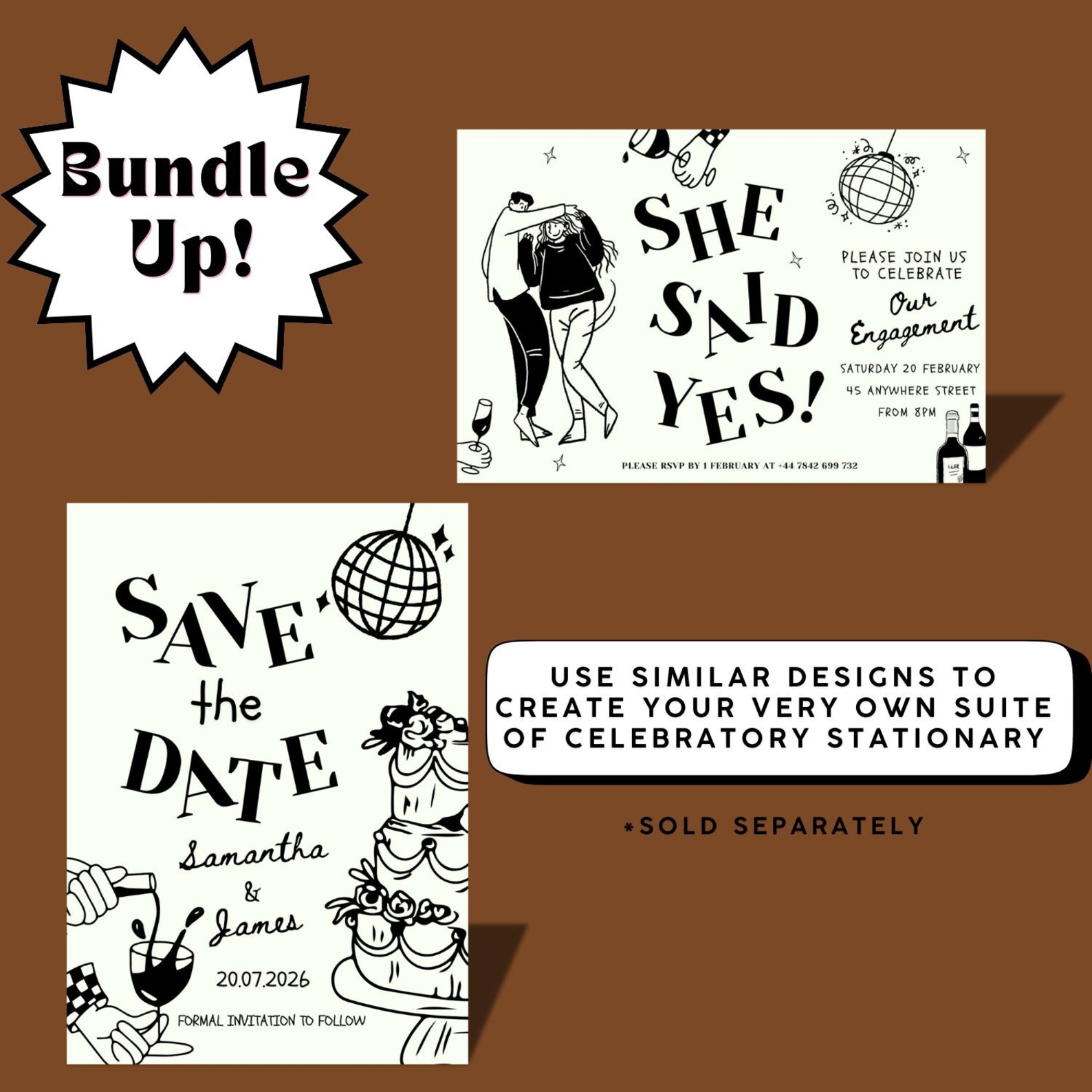 Quirky Save the Date Invitation, Bold Illustrations, Hand Drawn ...