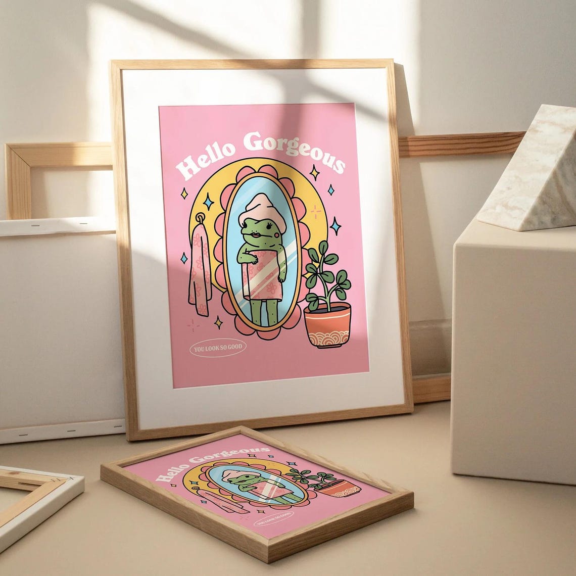 Girly Frog Self Love Wall Print, Positivity Hello Gorgeous Quote, Pink ...