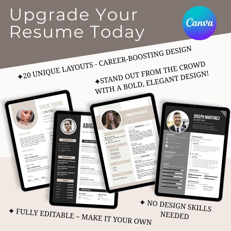 Editable Canva CV Templates | Modern Resume Template Bundle ...